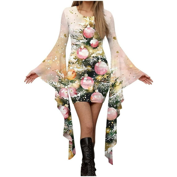 Christmas Costu me Elegant Gown with Batwing Sleeves Festive Print ...