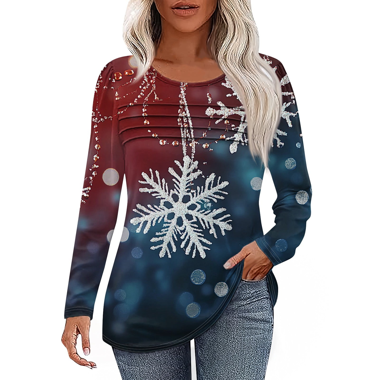 Christmas Costumes Woman 2024 Xmas Snowflake Print Blouse Long Sleeve ...