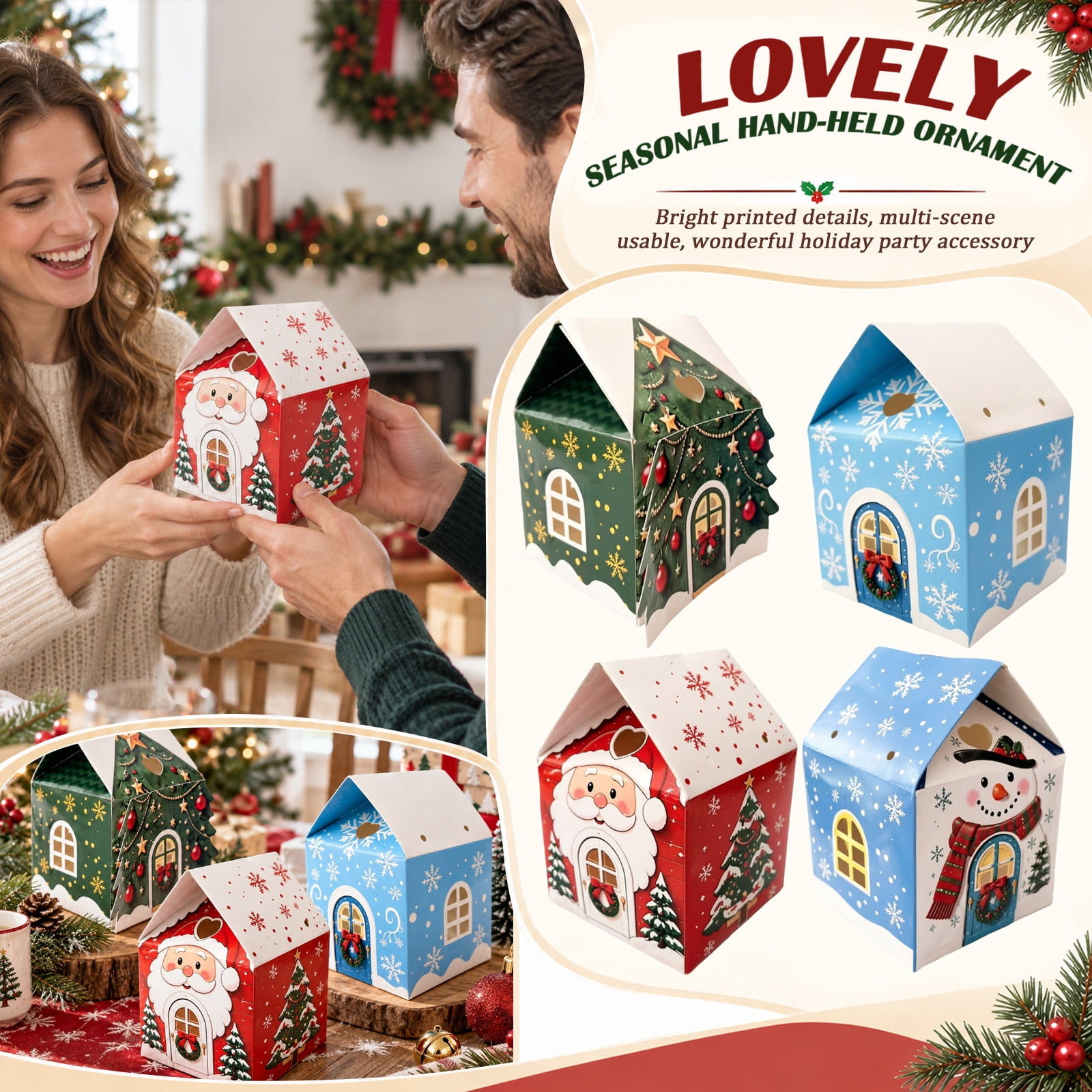 Christmas Cottage Gift Box with Handle, House Shaped Cardboard Candy ...