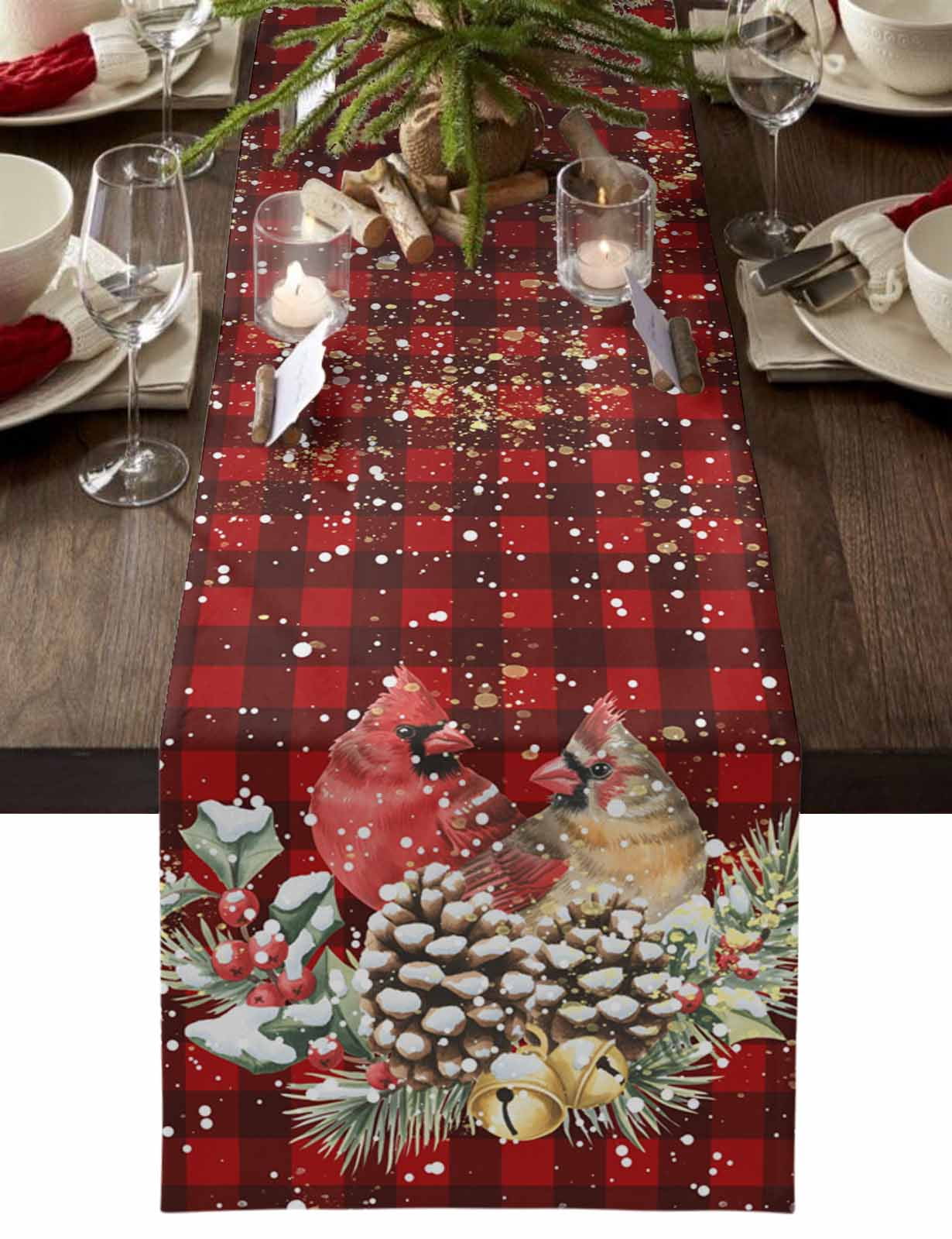 Christmas Cotton Linen Table Runner for Dining Kitchen, Cardinal Pine ...