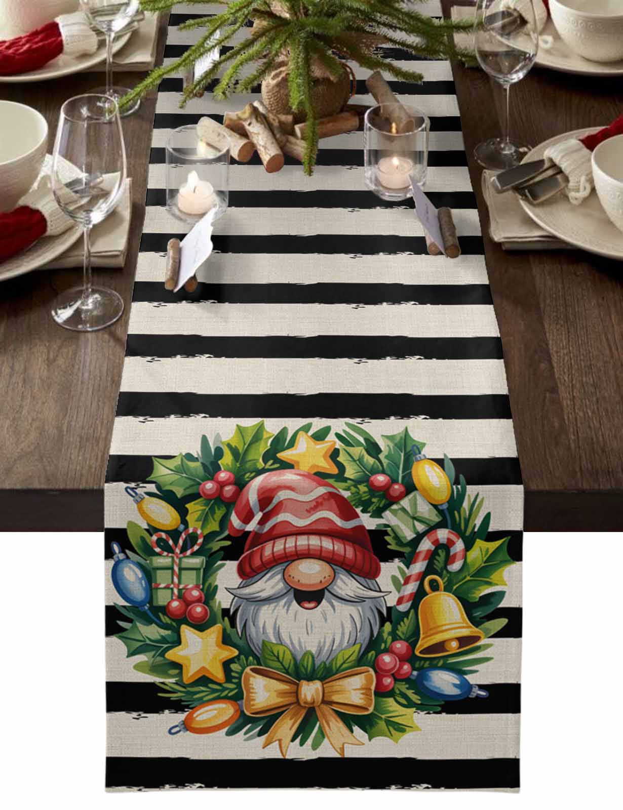 Christmas Cotton Linen Table Runner for Dining Kitchen, Country Gnomes ...
