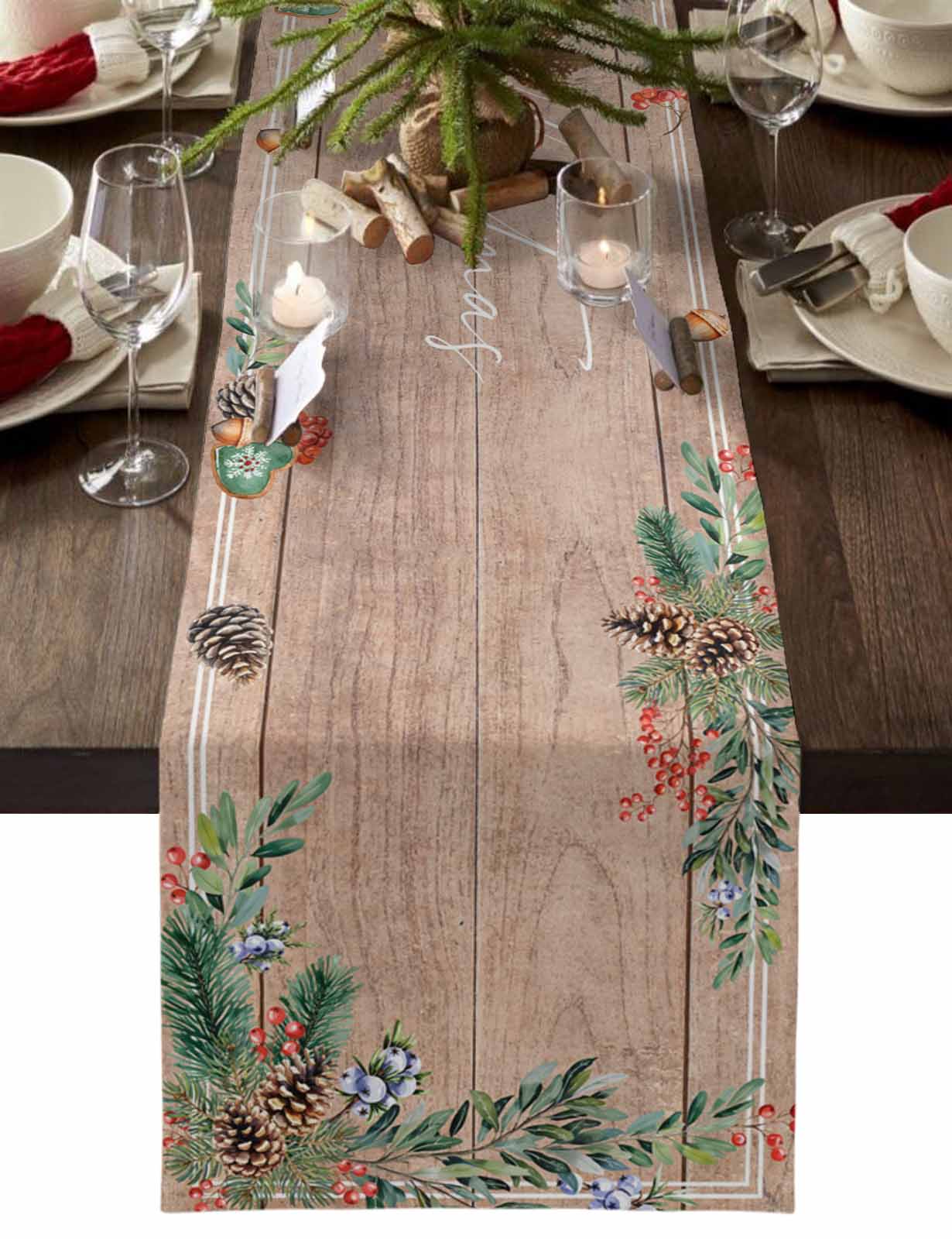 Christmas Cotton Linen Table Runner for Dining Kitchen, Pine Cones ...