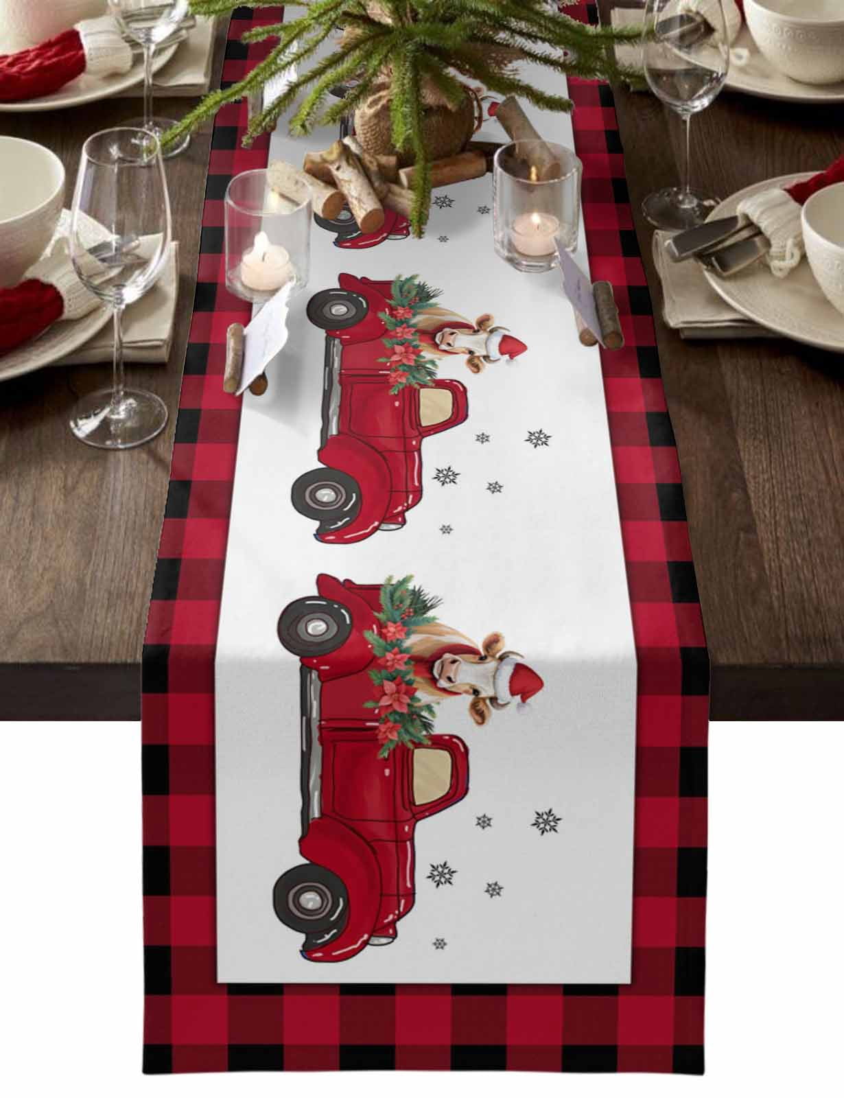 Christmas Cotton Linen Table Runner for Dining Kitchen, Red Black Plaid ...