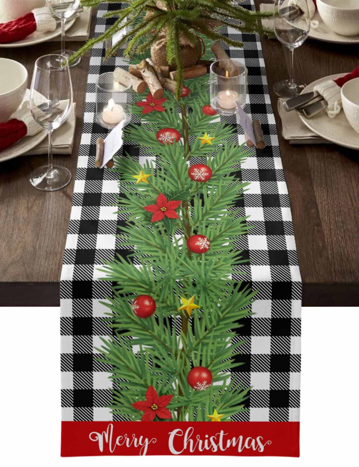 Christmas Cotton Linen Table Runner for Dining Kitchen, Red Green Xmas ...