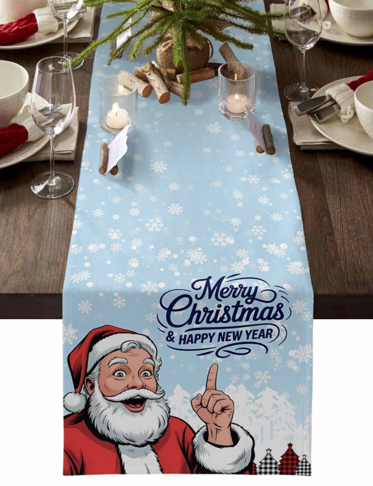 Christmas Cotton Linen Table Runner for Dining Kitchen, Santan Claus ...