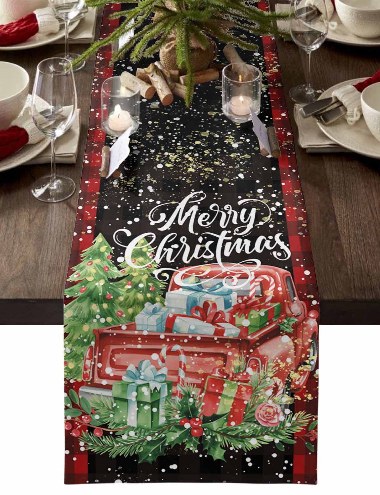 Christmas Cotton Linen Table Runner for Dining Kitchen, Truck Snowflake ...