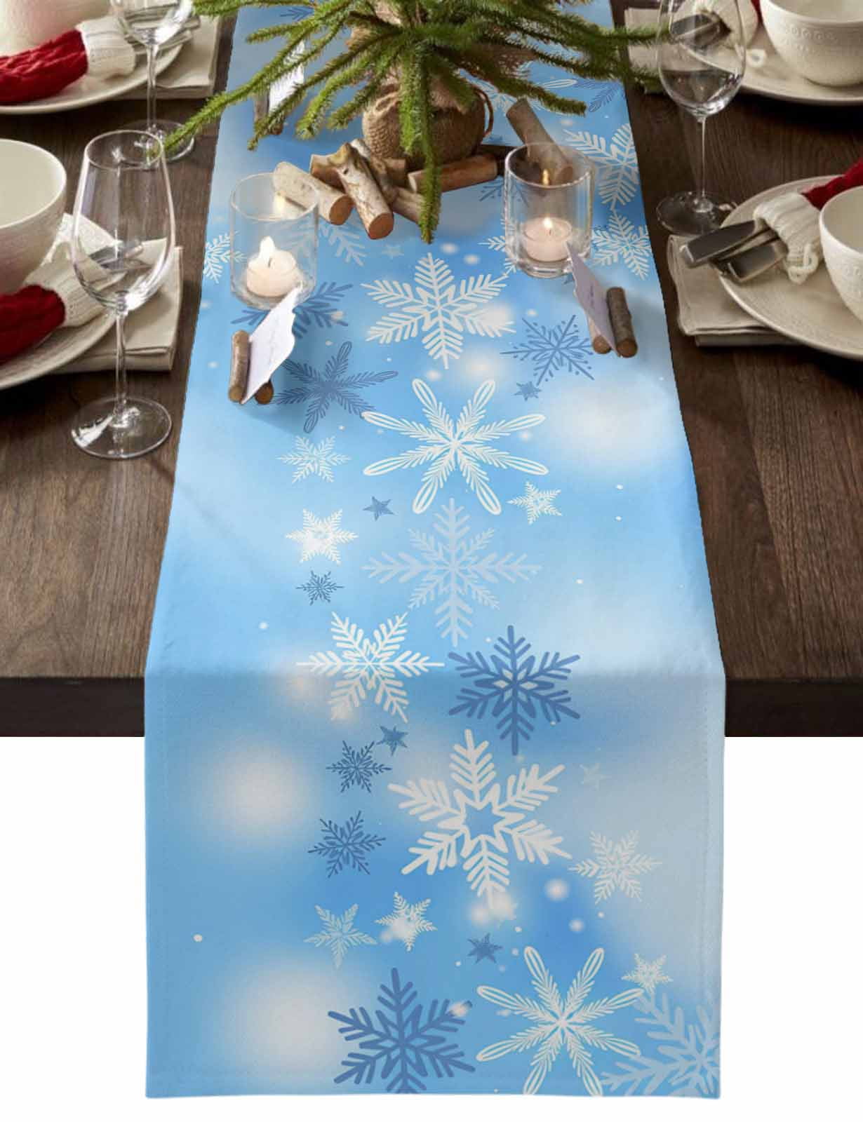 Christmas Cotton Linen Table Runner for Dining Kitchen, Winter Blue ...