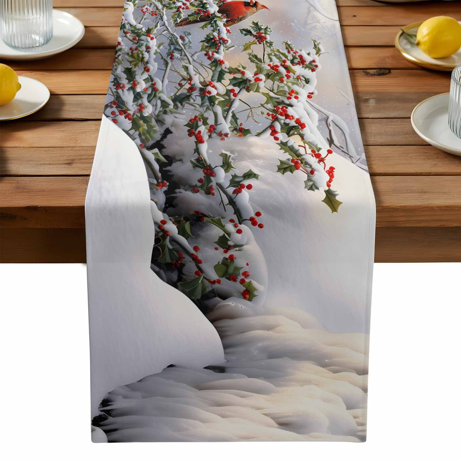 Christmas Cotton Linen Table Runner for Dining Kitchen, Xmas Birds ...