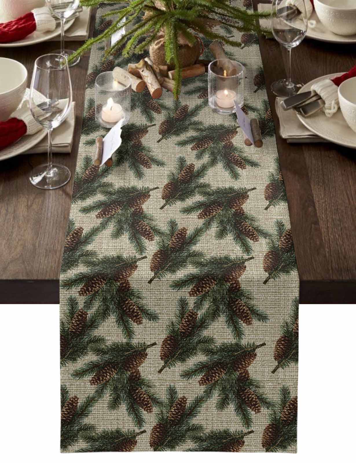 Christmas Cotton Linen Table Runner for Dining Kitchen, Xmas Pine Cones ...