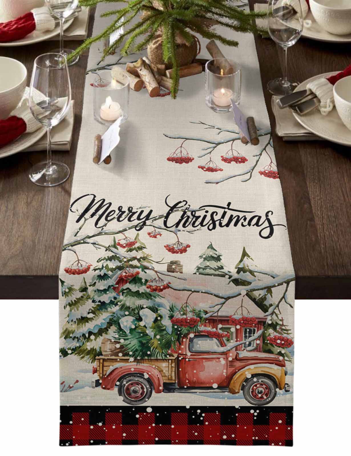 Christmas Cotton Linen Table Runner for Dining Kitchen, Xmas Winter ...