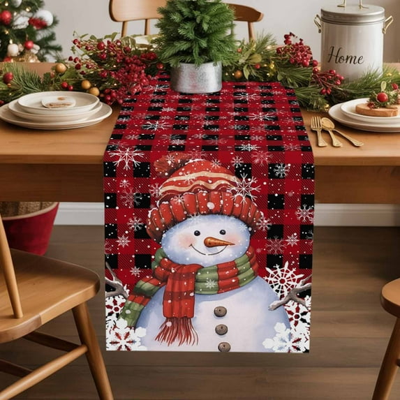Christmas Cotton Linen Table Runner Snowman Xmas Black and Red Buffalo ...
