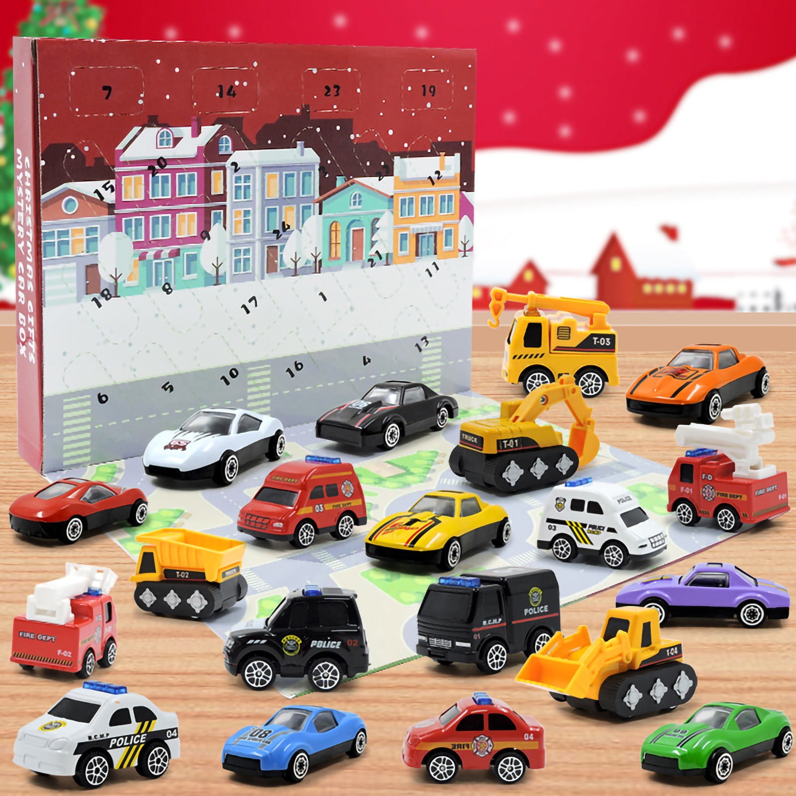 Christmas Countdown Calendar Alloy Fire Truck Vehicle Toy Set for 24 ...