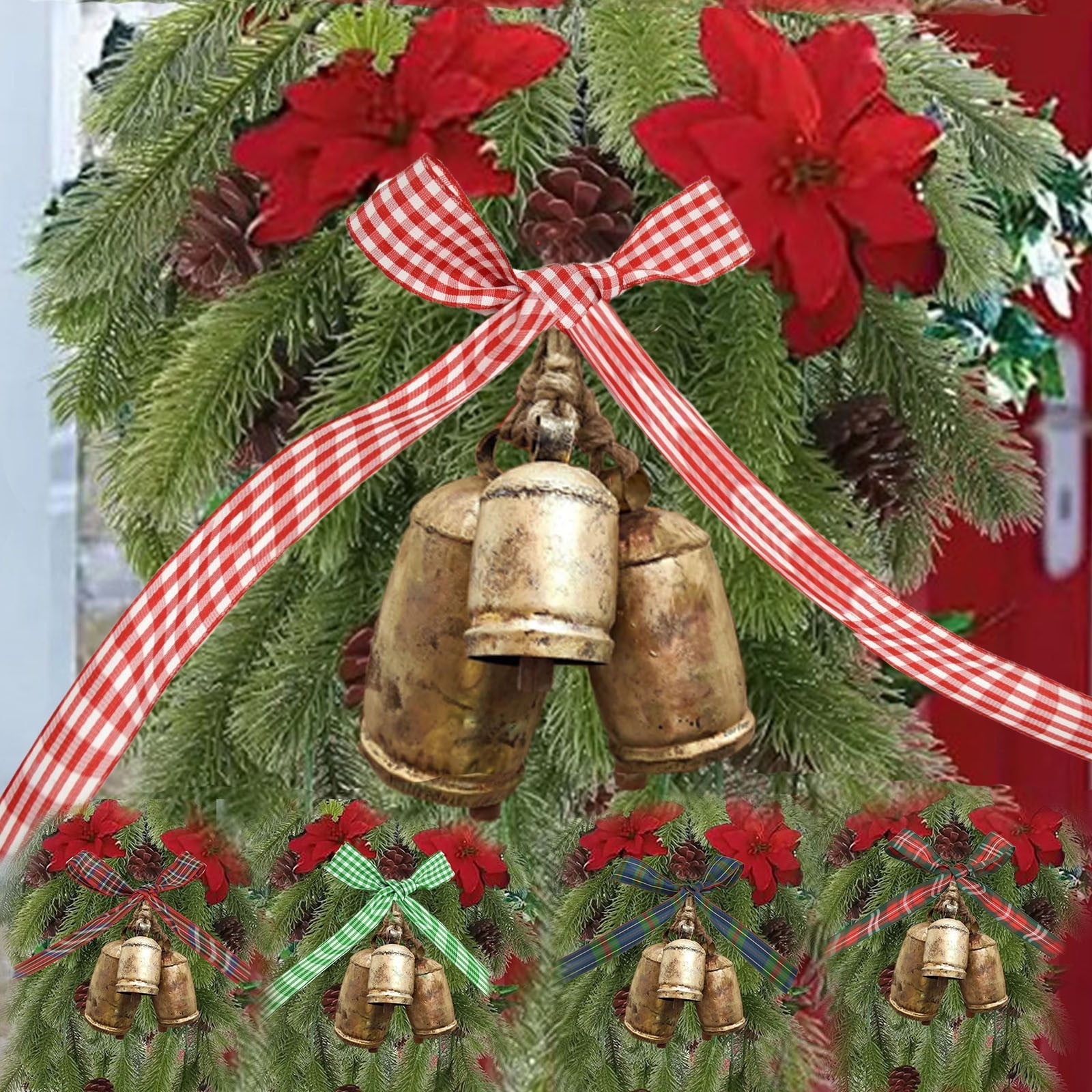 Christmas Cow Bells with Bows,Metal Bells with Hanging Rope Rustic Gold ...