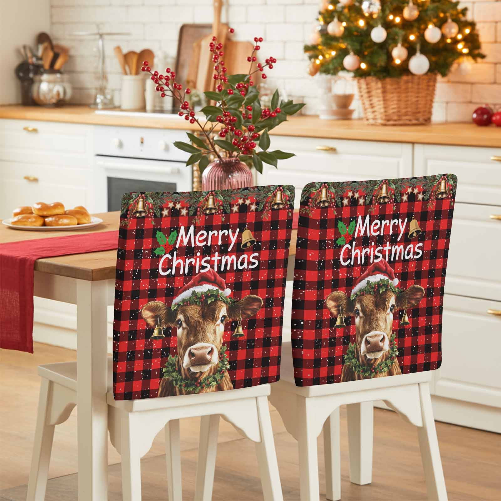 Christmas Cow Chair Back Covers Set of 6, Xmas Bell Star Black and Red ...