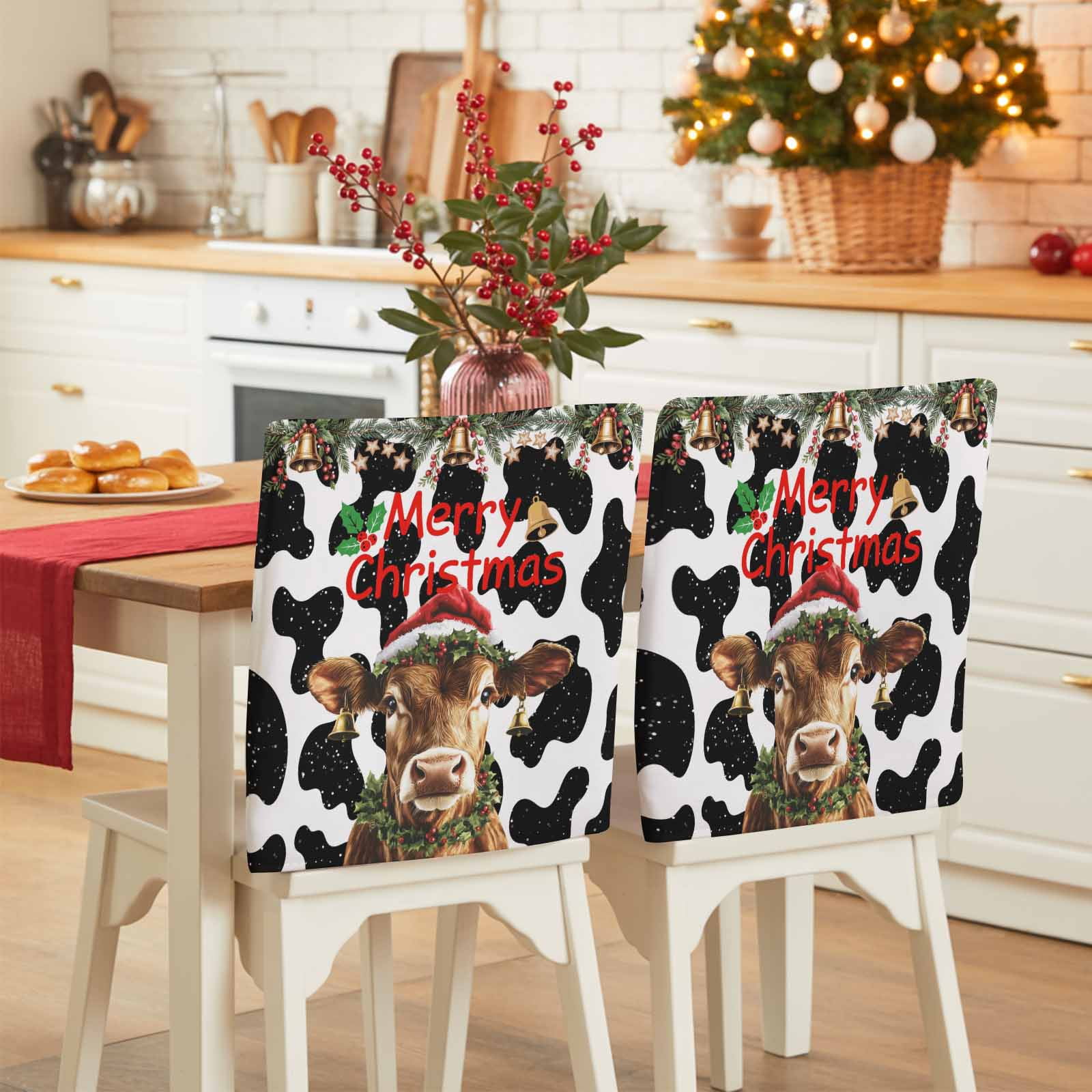 Christmas Cow Chair Back Covers Set of 6, Xmas Bell Star Black and ...