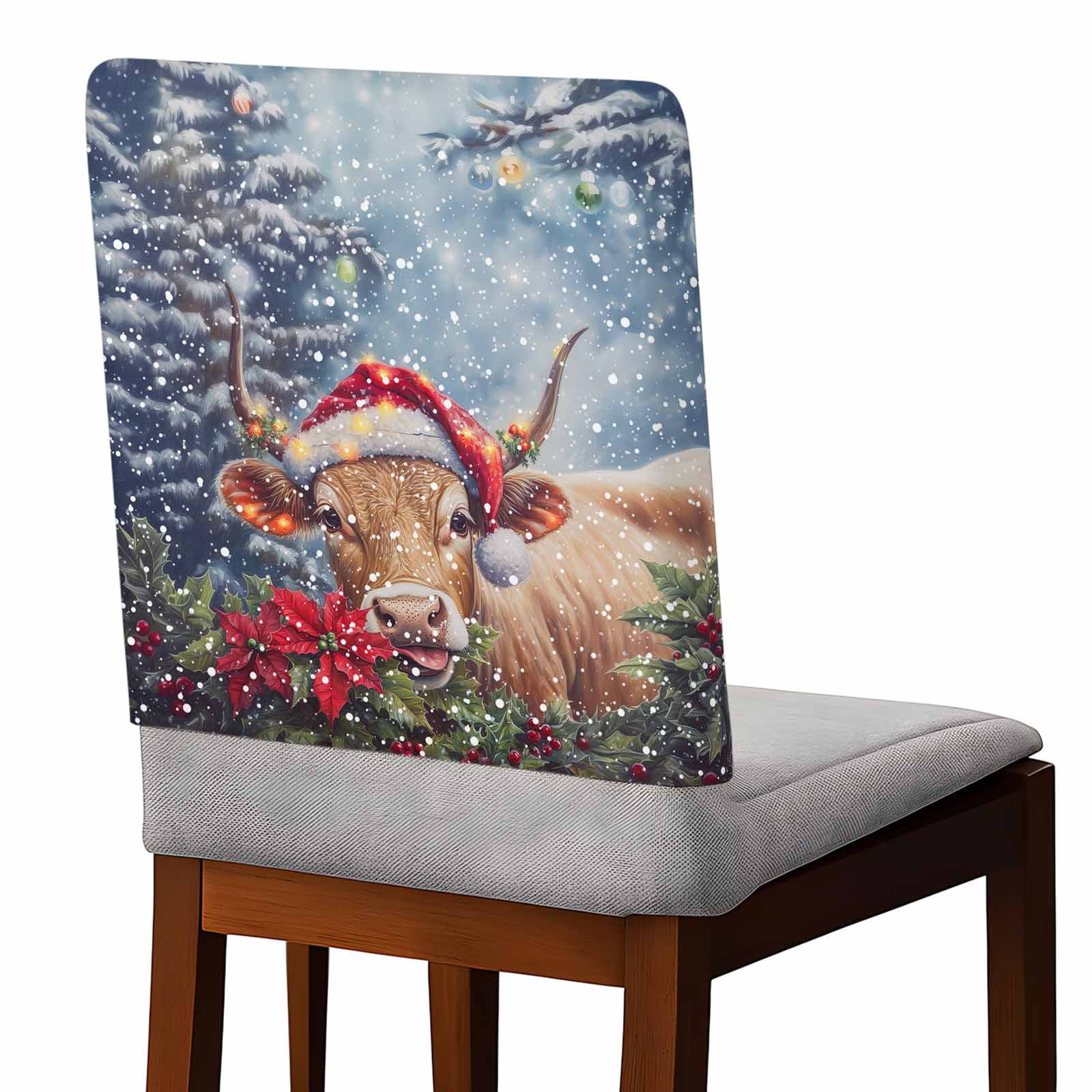Christmas Cow Chair Covers Set of 8 with Poinsettia Snow Pine Tree ...
