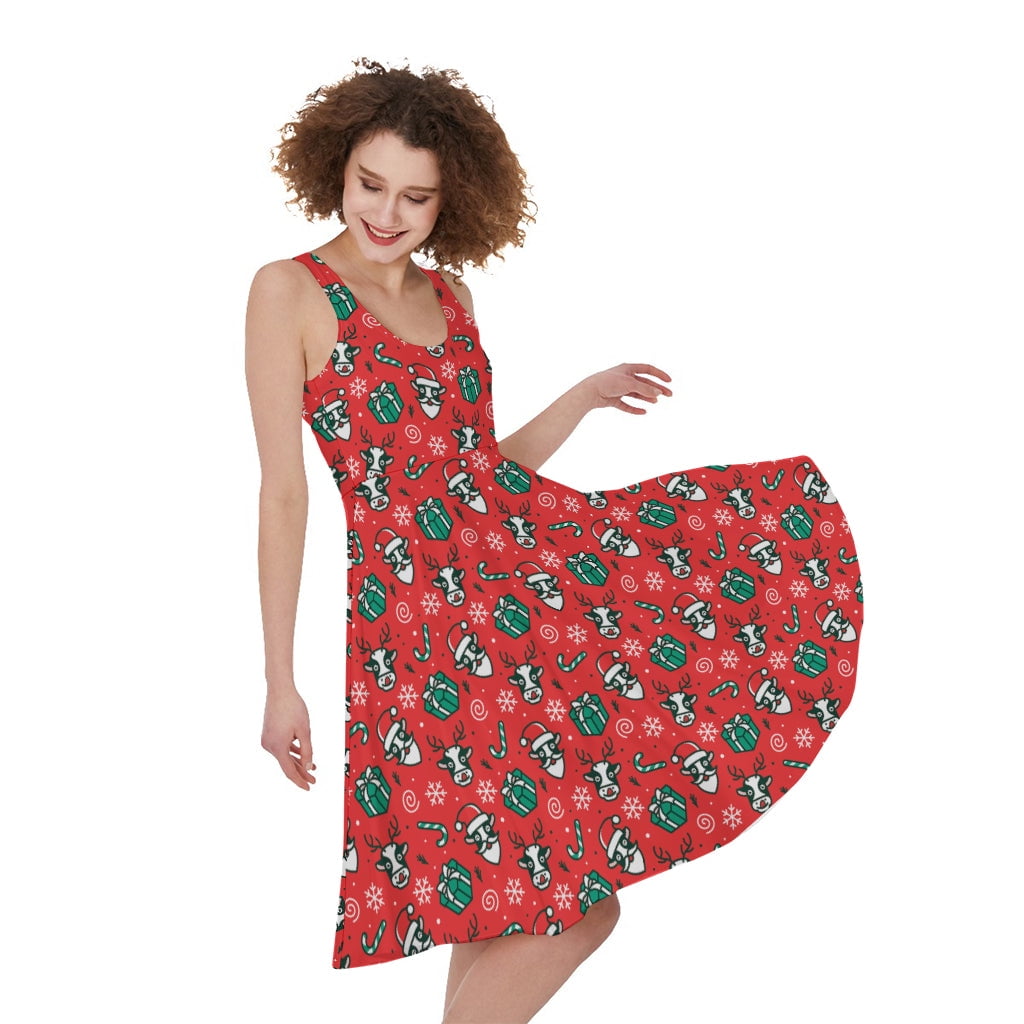 Christmas Cow Pattern Print Sleeveless Knee Length Dress, Jesus ...