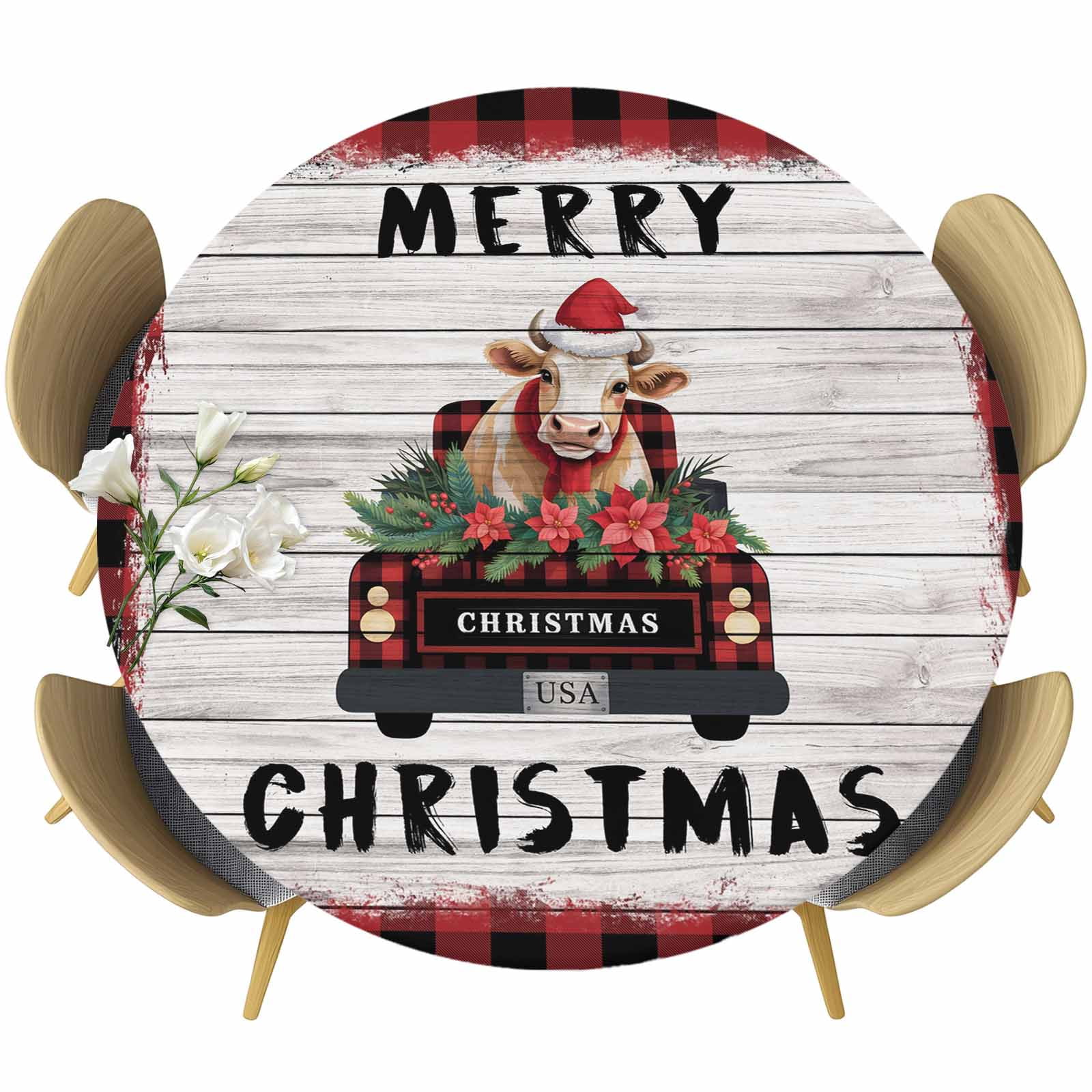 Christmas Cow Round Tablecloth, Fitted Table Cover with Elastic for 36 ...