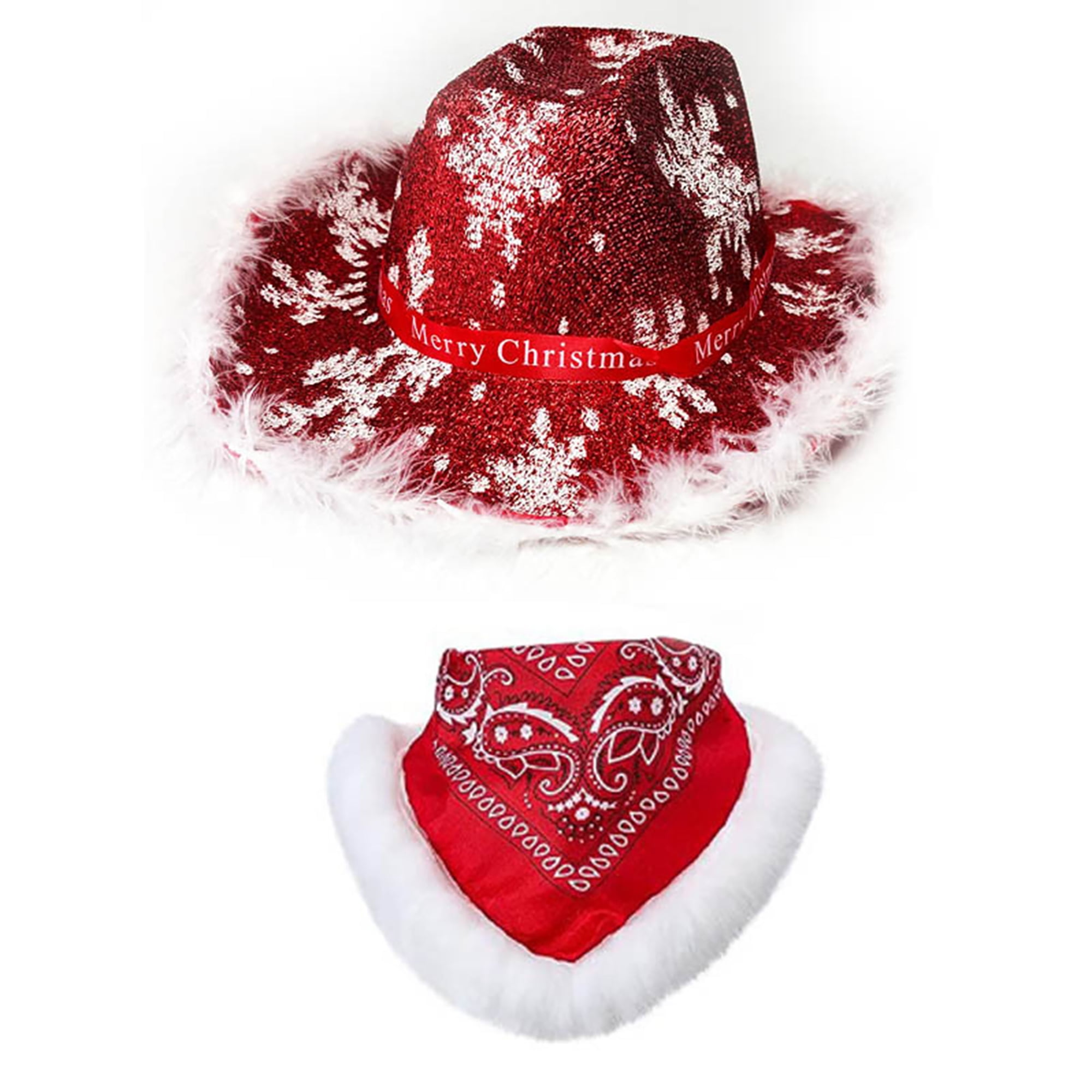 Christmas Cowboy Hat Santa Wide Brim Hat Sequined Plush Western Hat ...
