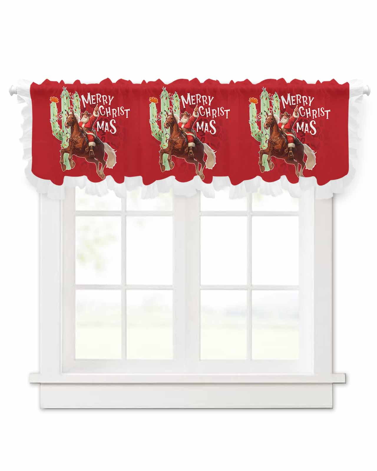 Christmas Cowboy Santa Claus Horse Ruffled Valance for Windows, Winter ...