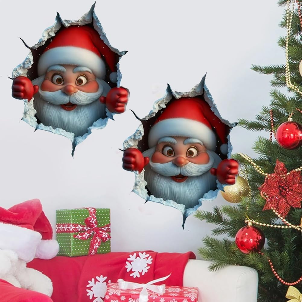 Christmas Creative Wall Sticker, 3D Santa Claus Broken Wall Cartoon ...