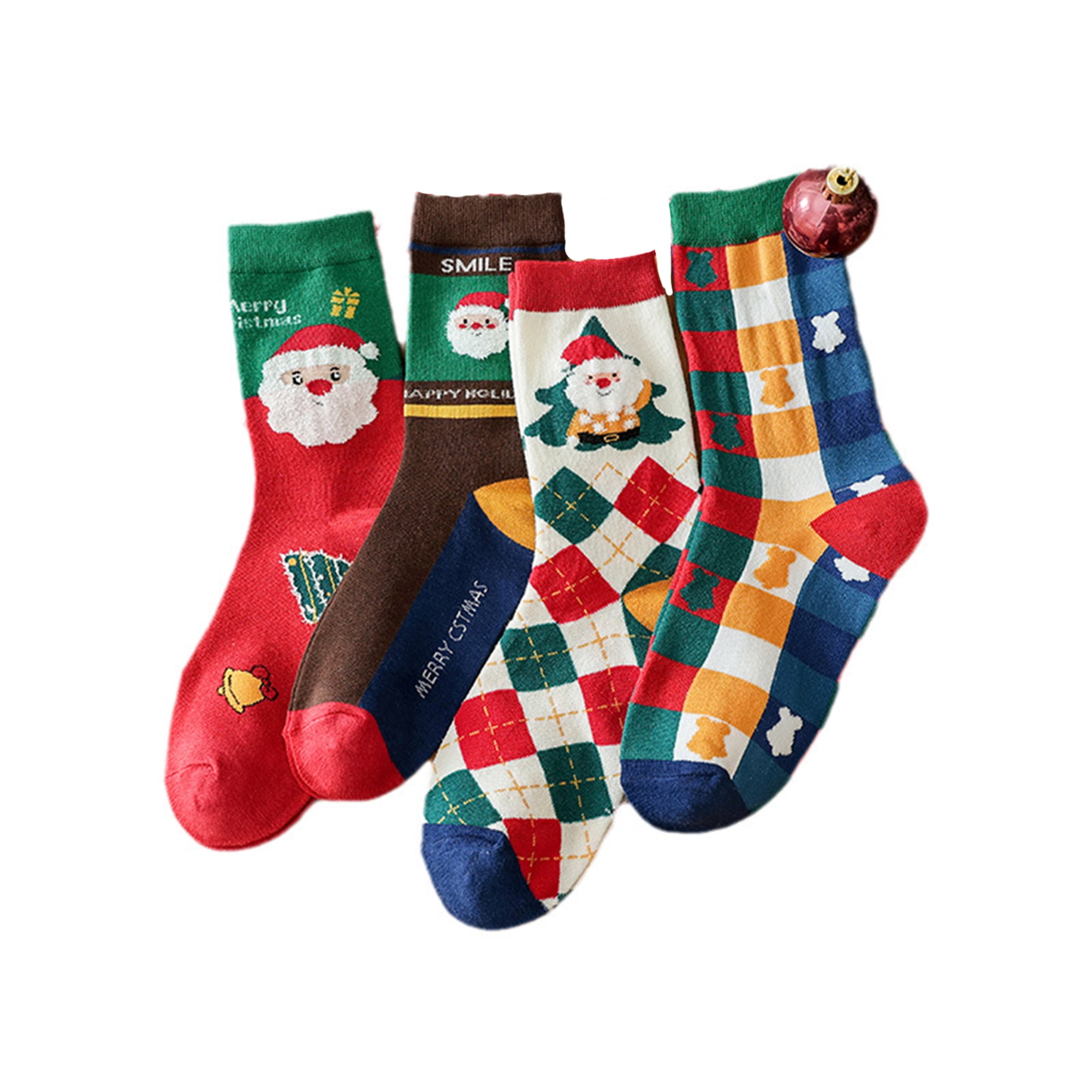 Christmas Crew Socks 4 Pairs Set Cartoon Santa Claus Print Warm Soft ...