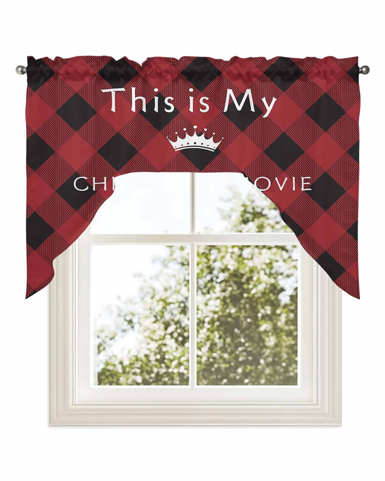 Christmas Crown Pattern Red and Black Grid Kitchen Swag Valance for ...