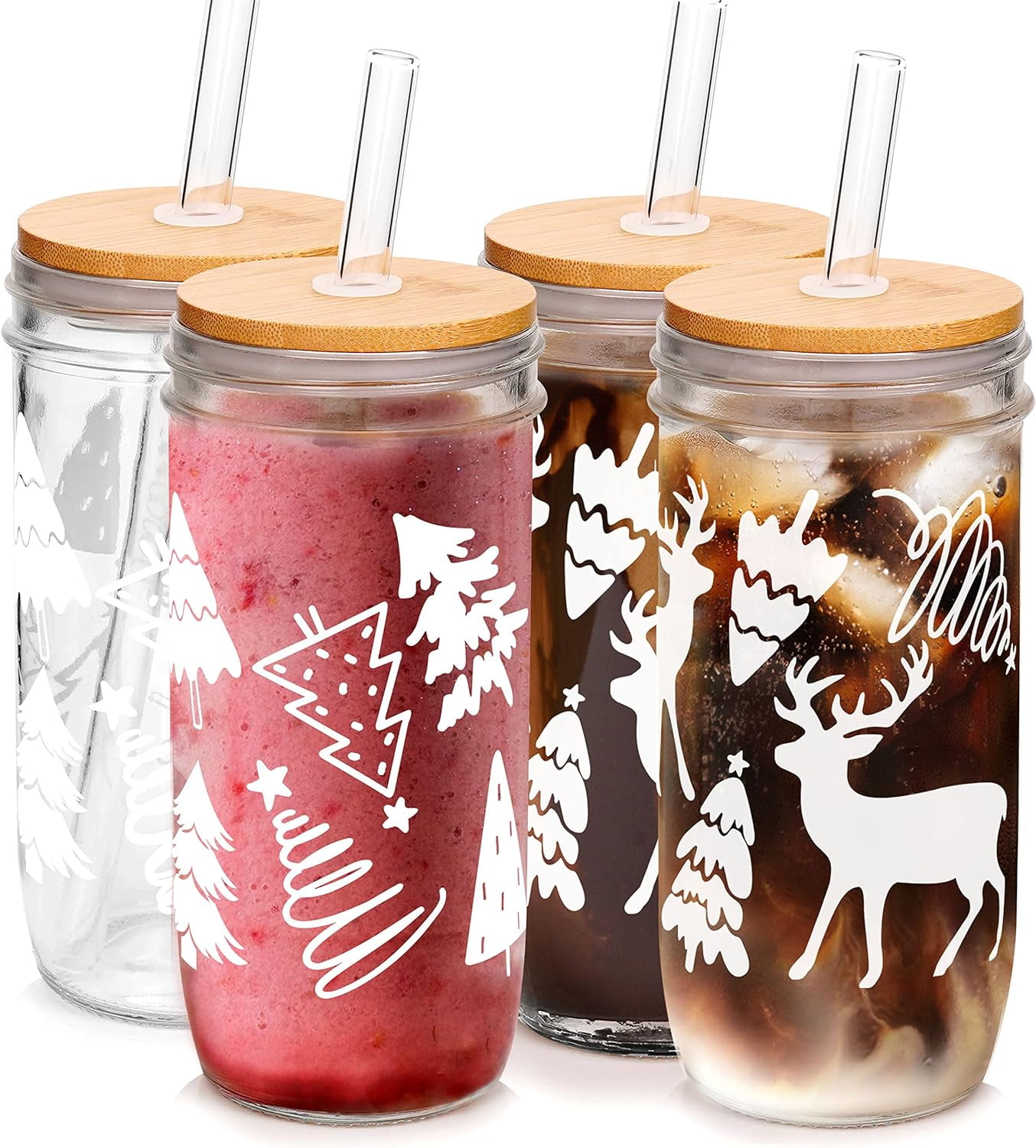 Christmas Cups, 24oz Christmas Mugs Mason Jars Glass Cups with Lid and Straw Christmas Tumbler ...