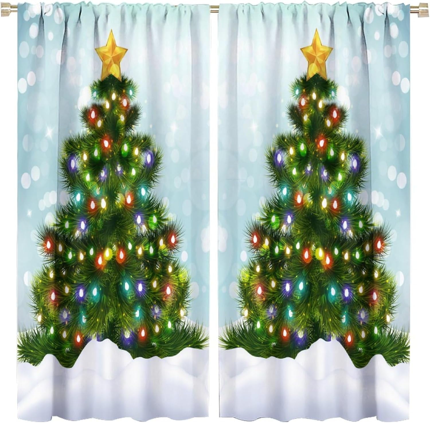 Christmas Curtain Green Fir Tree Colorful Lamp Snow Blackout Print Rod ...