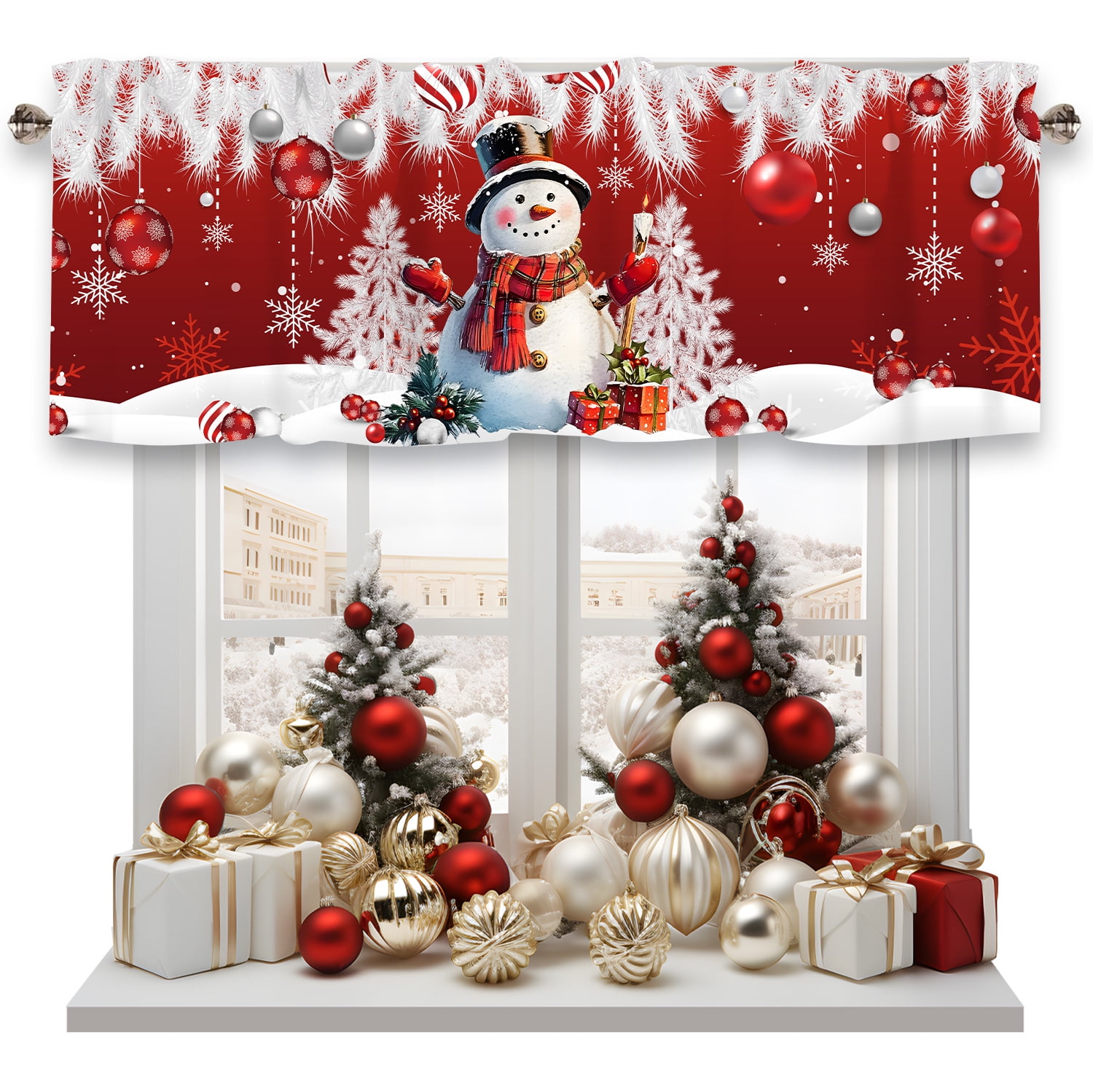 Christmas Curtain Valance for Windows Snowflake Snowman with Christmas ...
