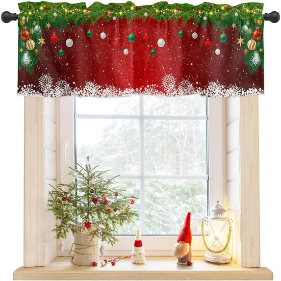 Christmas Curtain Valance Xmas Baubles Coniferous Rod Pocket Valance ...