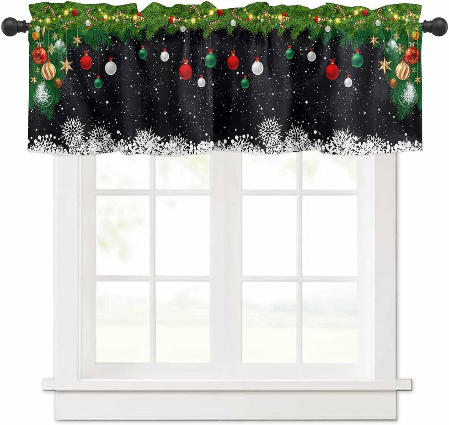 Christmas Curtain Valance Xmas Baubles Coniferous Rod Pocket Valance ...