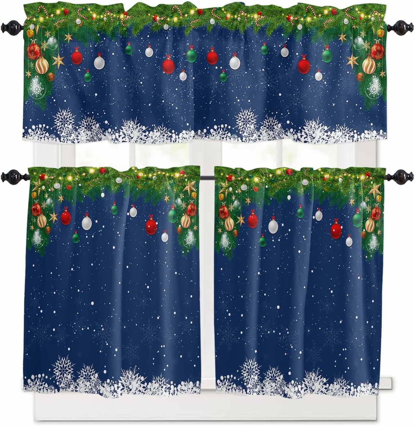 Christmas Curtain Valance Xmas Baubles Coniferous Rod Pocket Valance ...