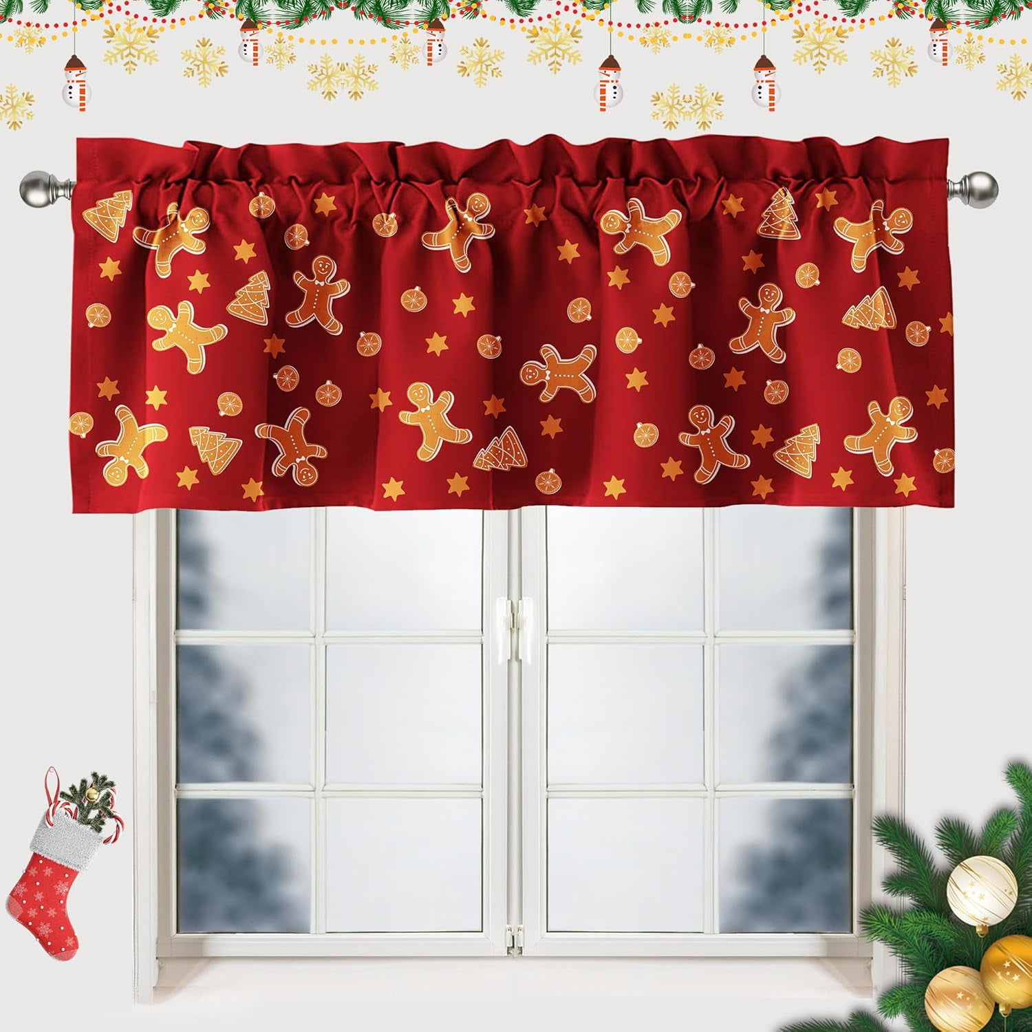 Christmas Curtain Valances Set 52x18'''' - Lively Gingerbread Men/Trees ...