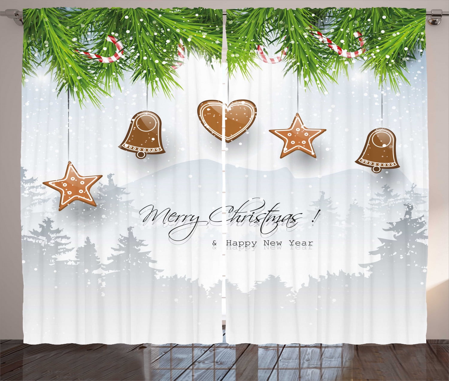 Ambesonne Christmas Curtains 2 Panel Set, Gingerbread Fir Tree, 108" x ...