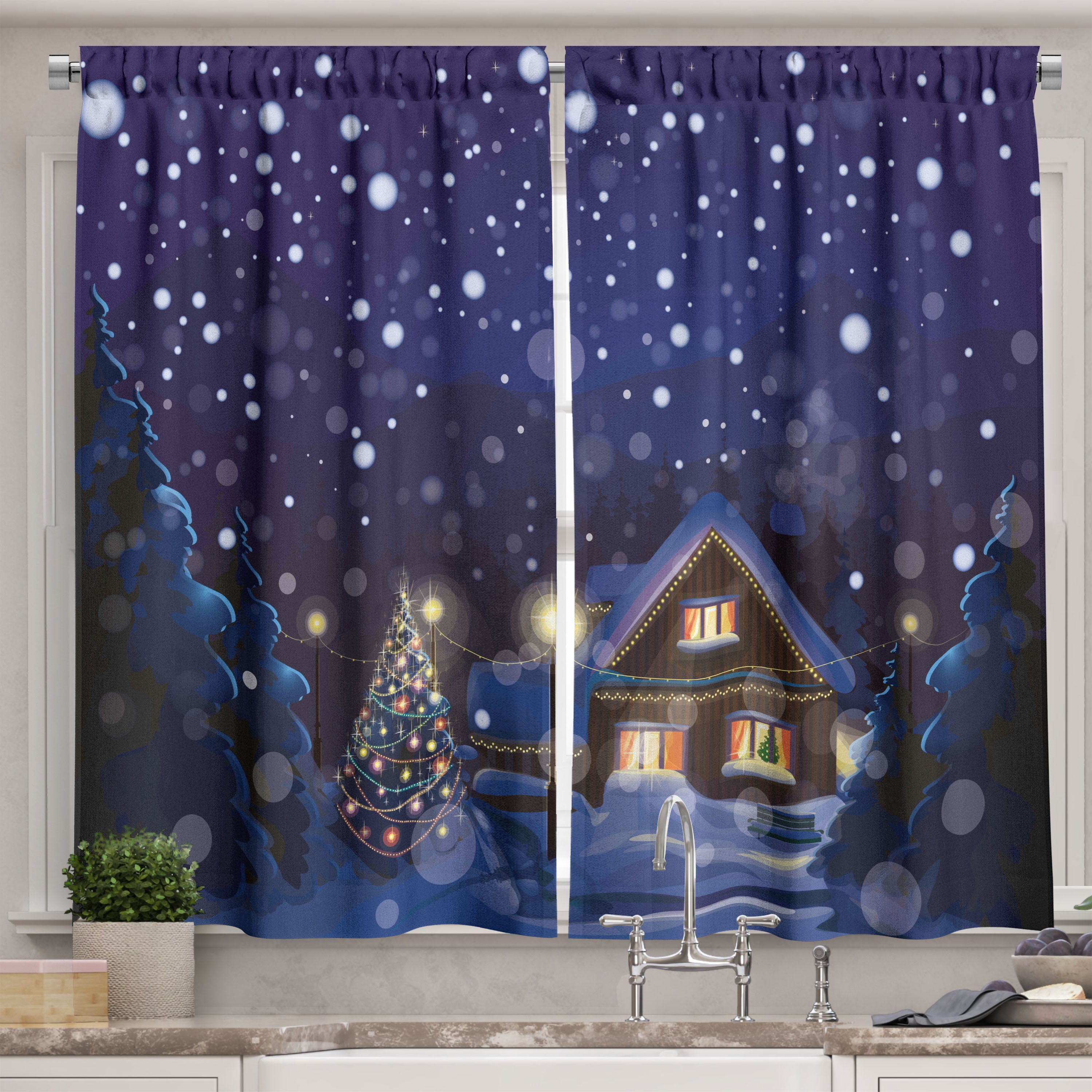 Christmas Curtains 2 Panels Set, Winter Night Country Landscape with ...