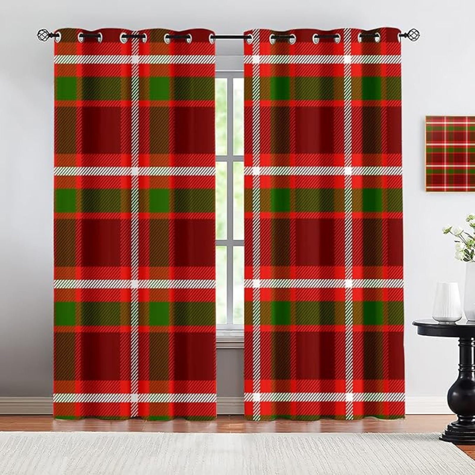 Christmas Curtains For Bedroom, Red And Green Plaid Pattern Window ...