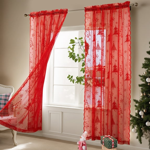 Taicans Christmas Curtains - Christmas Red Sheer Curtains,Snow Print ...