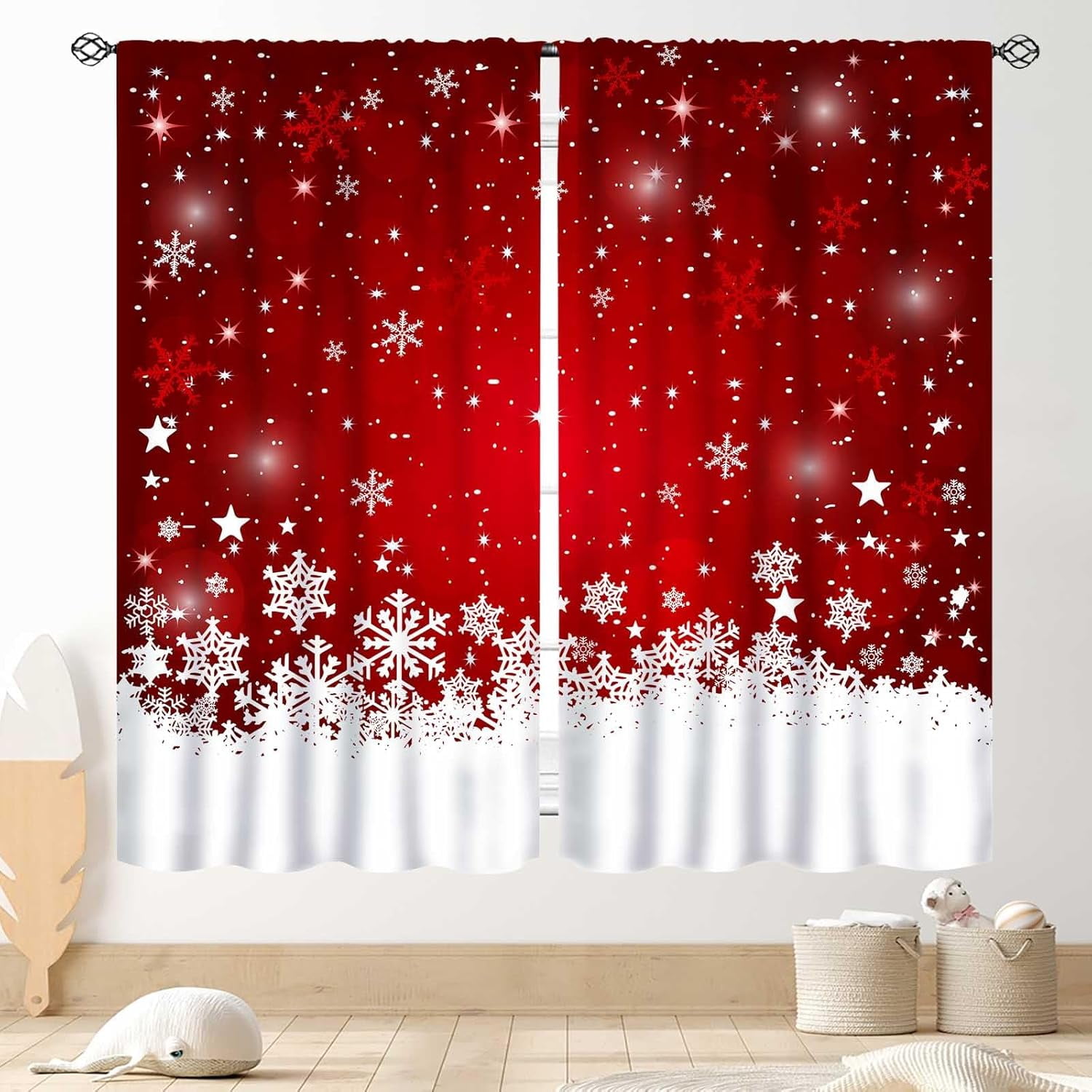 Christmas Curtains for Kitchen, Red White Snowflakes Xmas Merry ...