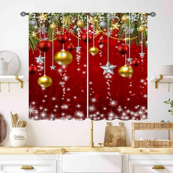 Christmas Curtains for Living Room,Red Gold Ball Snowflakes Merry ...