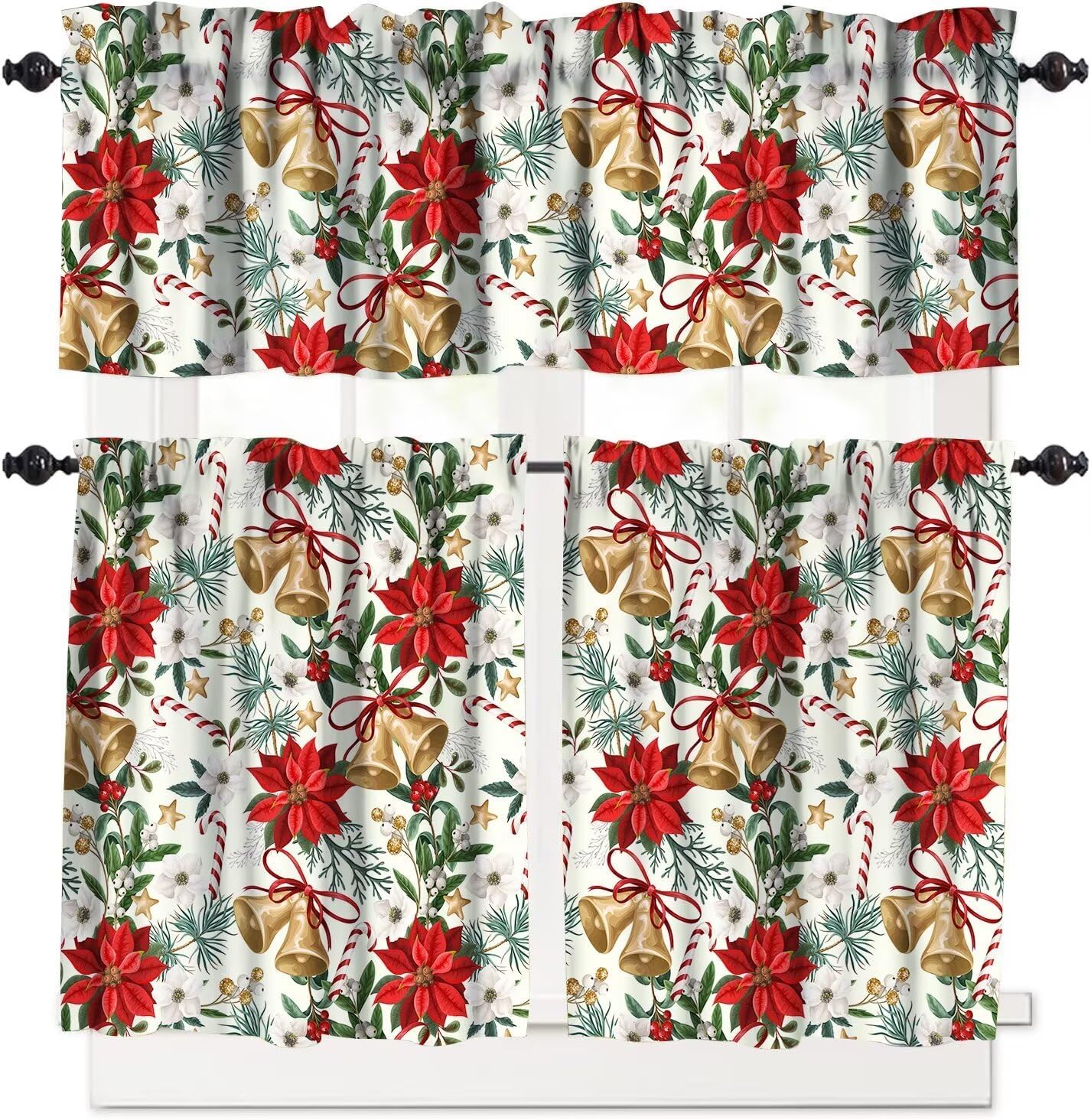 Christmas Curtains Valances Set,Merry Xmas Snowflake Flowers and Bells ...