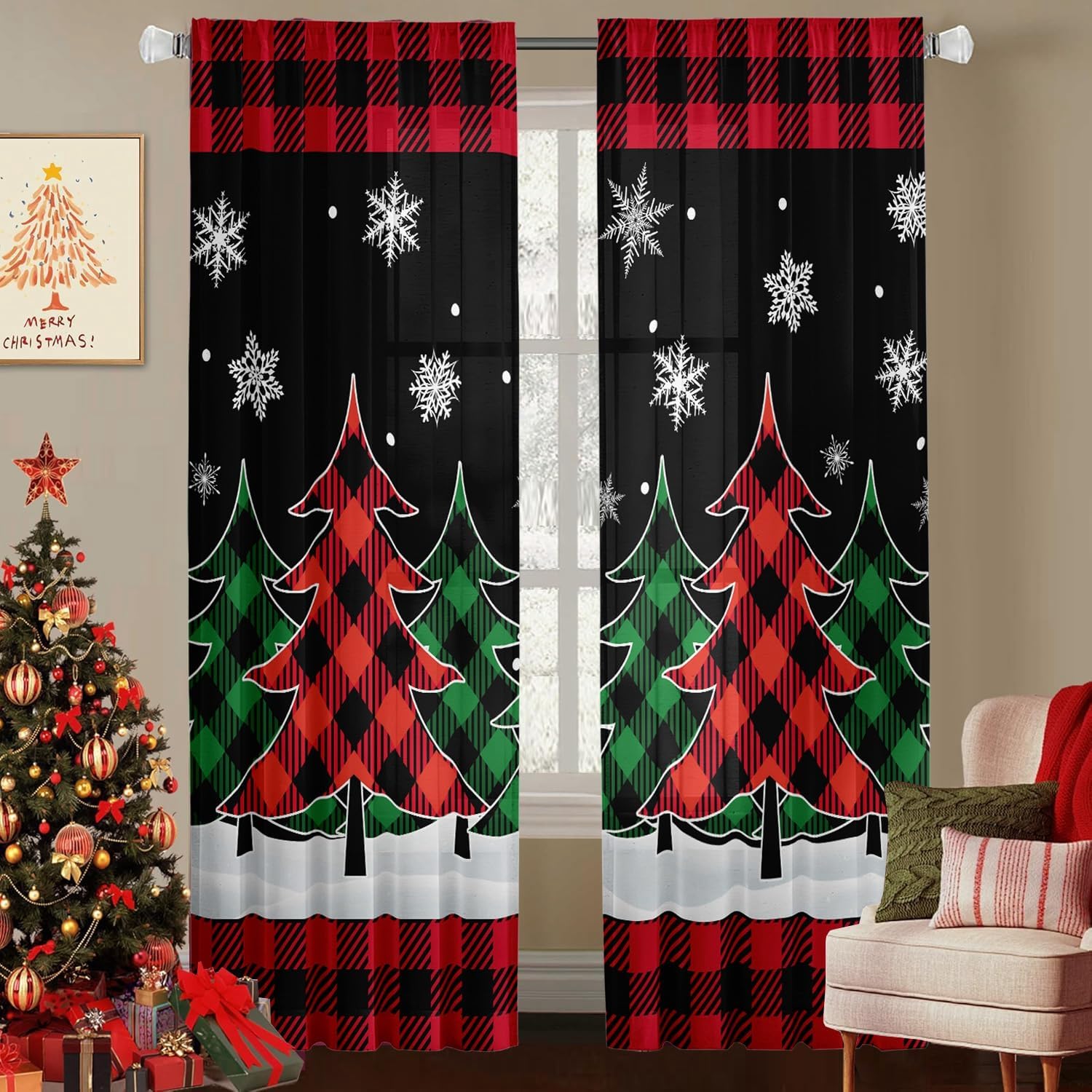 Christmas Curtains Winter Snowflake Red and Black Plaid Window Curtains ...