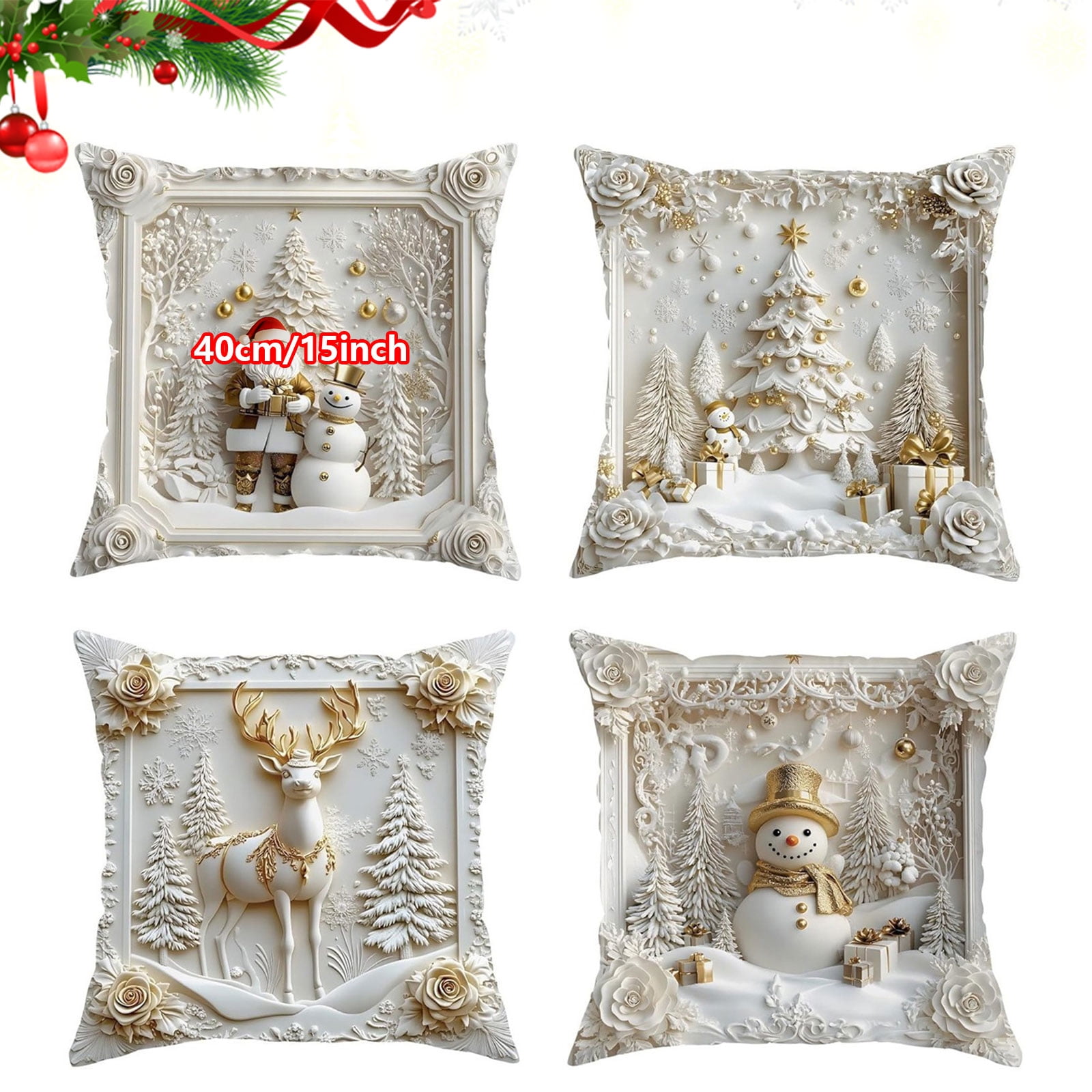 Christmas Cushion Covers, Set of 4 with Reindeer Snowman Designs in 16 ...