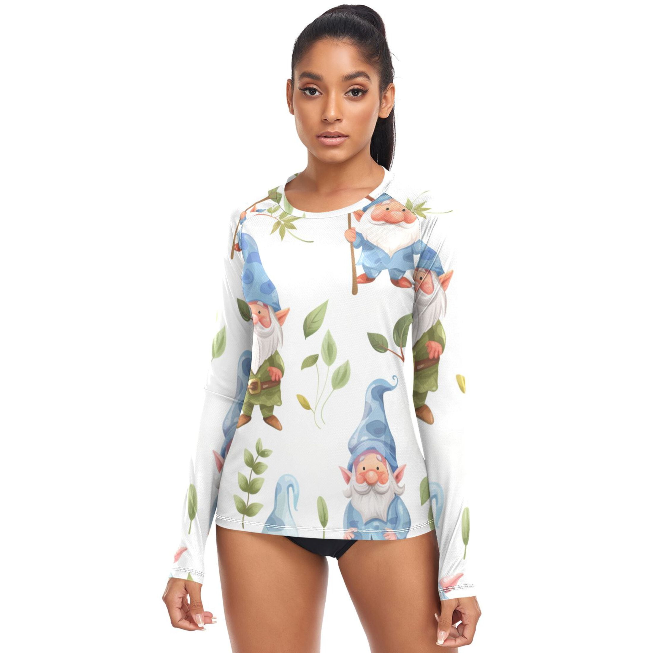 Christmas Cute Gnomes Leaves Cartoon Women's Rash Guard Shirts UPF 50 ...