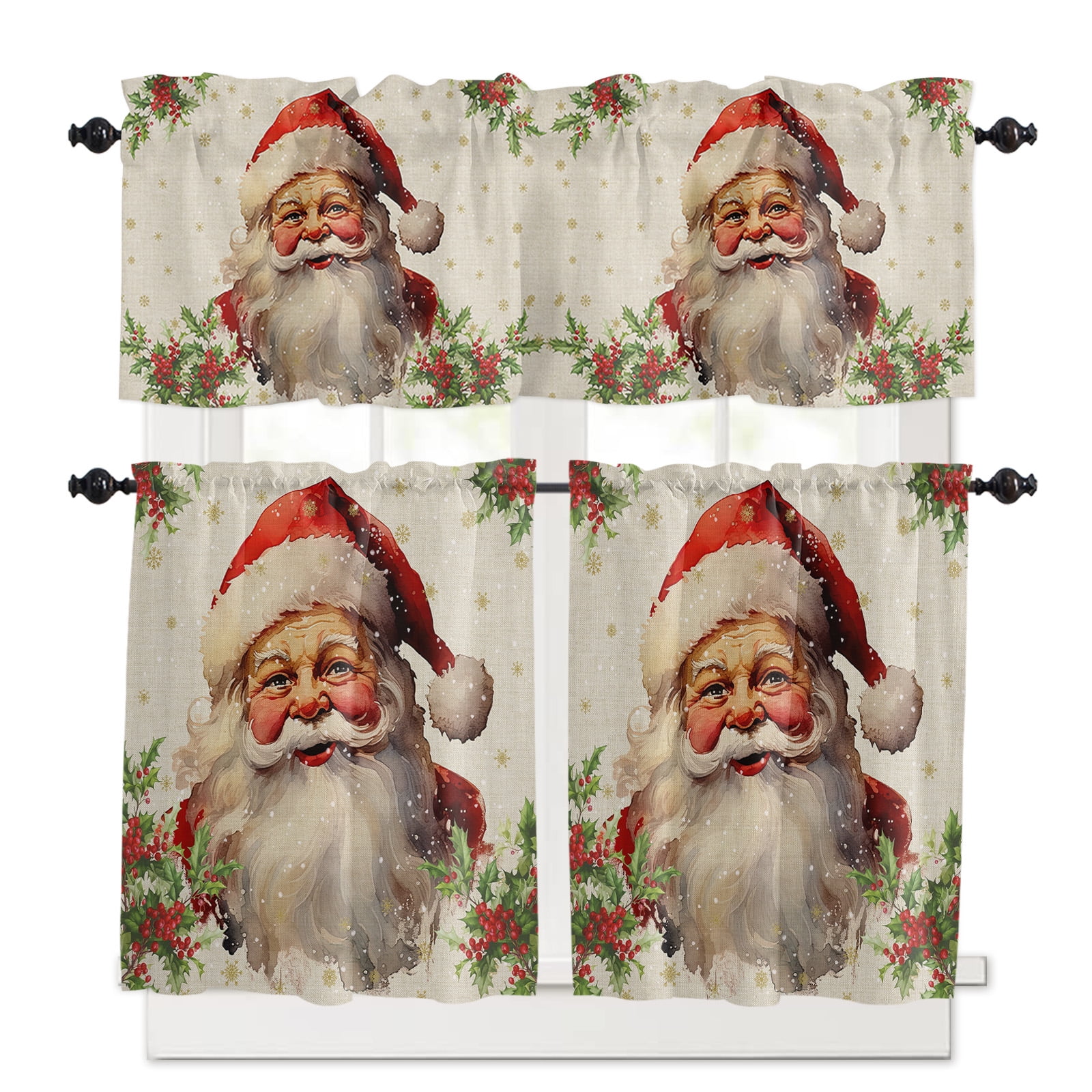 Christmas Cute Kitchen Curtains and Valances Set, Santa Claus Winter ...