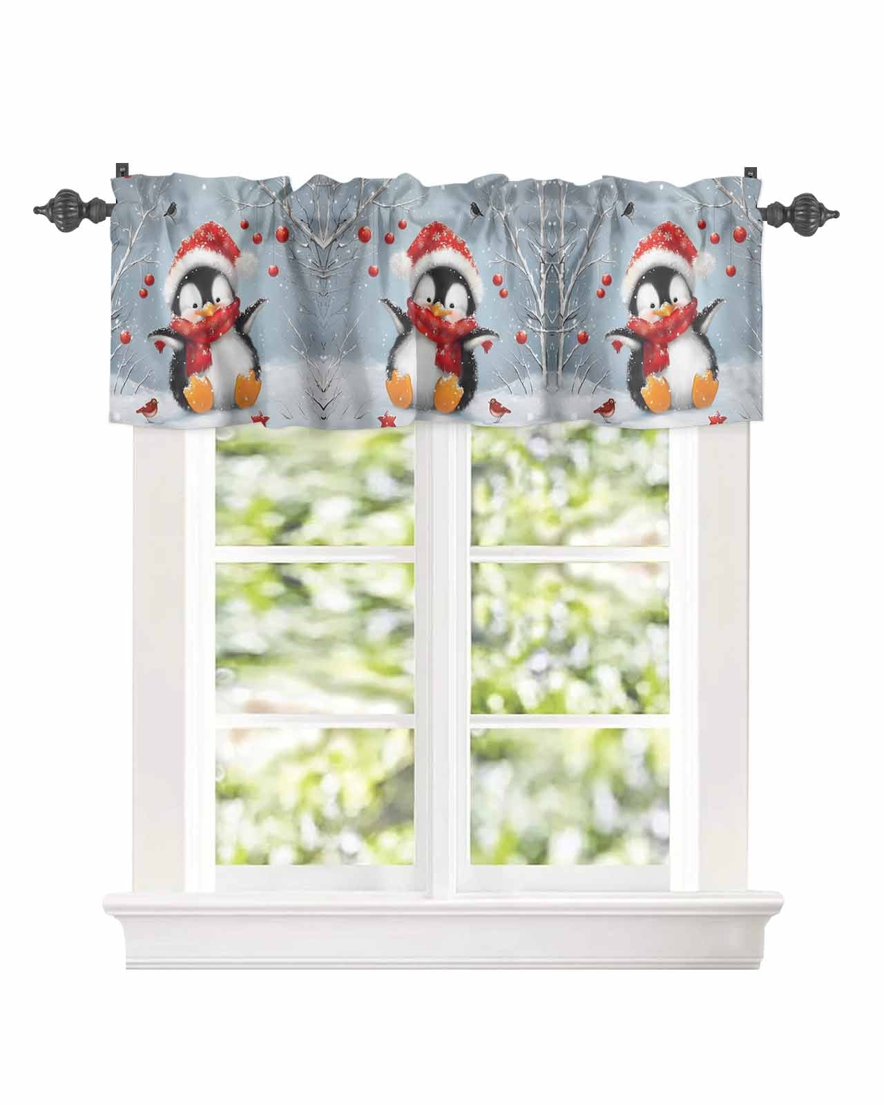 Christmas Cute Penguin Santa Hat Window Valances for Kitchen,Rod Pocket ...