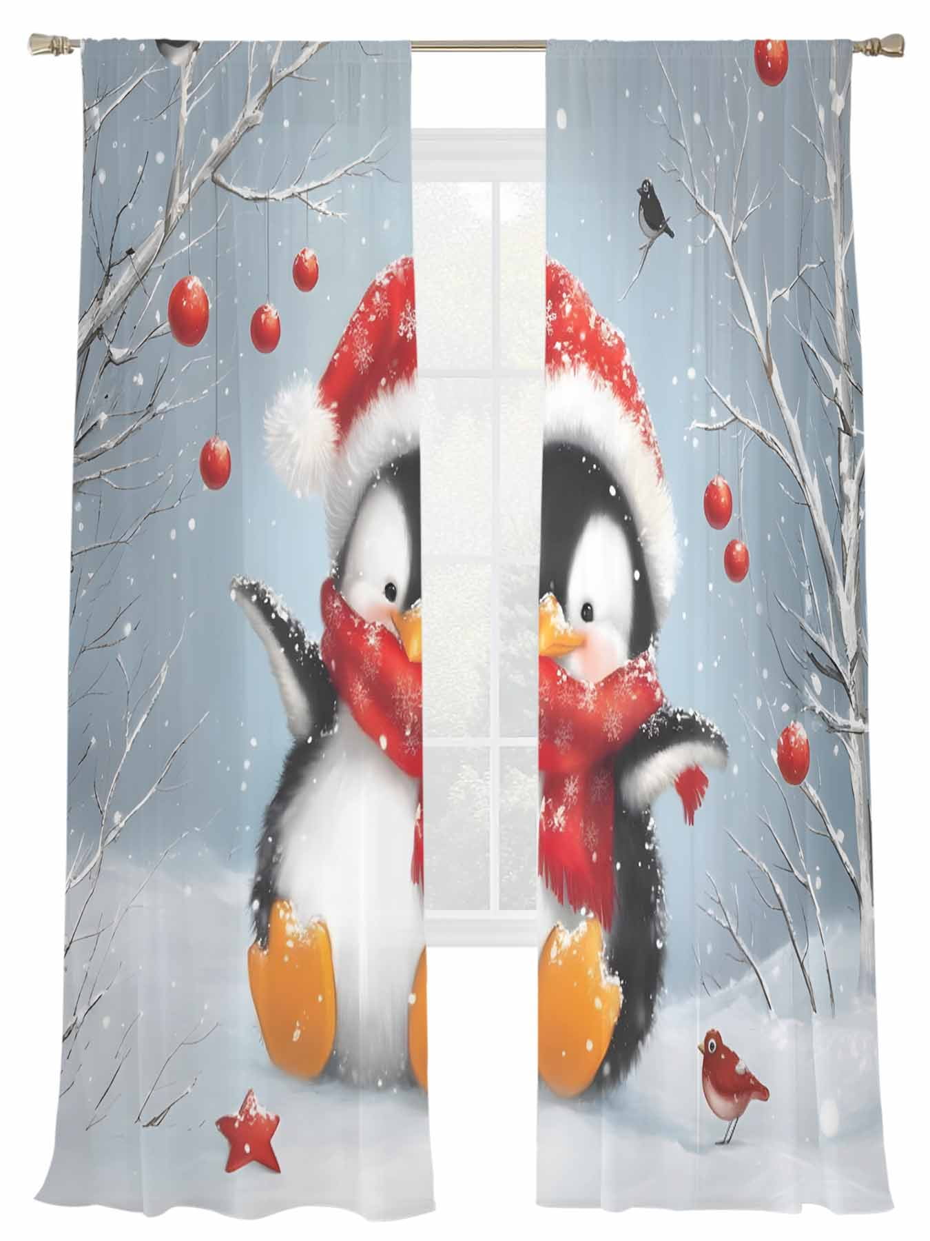 Christmas Cute Sheer Curtains 108 inches Long 2 Panels Set Hat Tiers ...