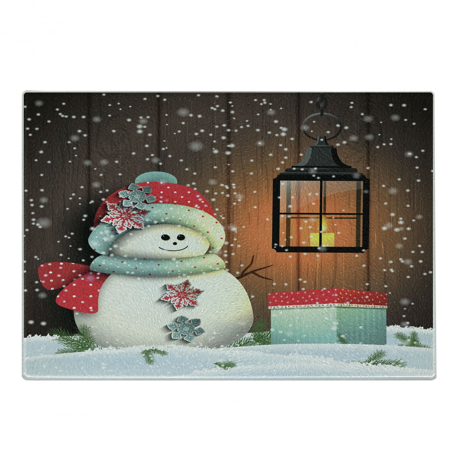 Christmas Cutting Board, Snowman with Santa Hat in the Garden with a ...