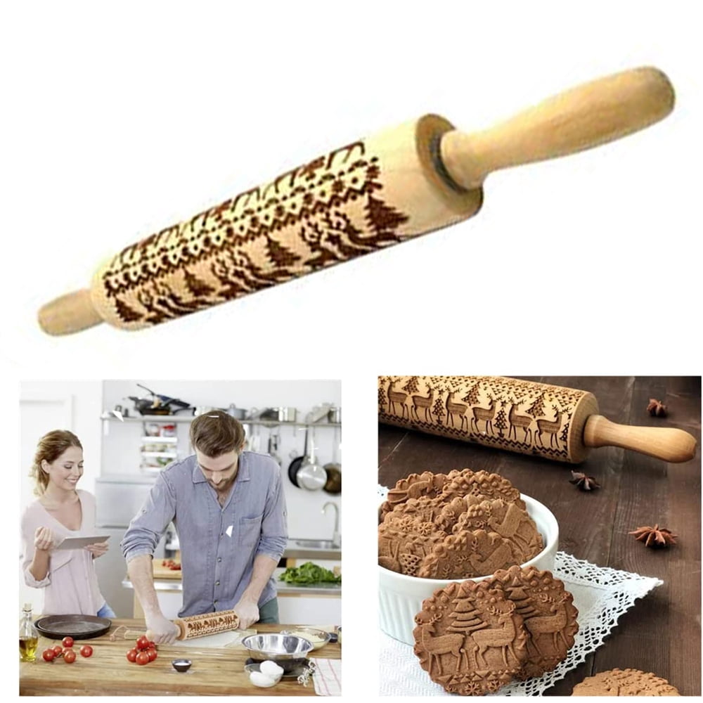 Christmas DIY Embossed Wooden Rolling Pin with Christmas Themed Symbols ...