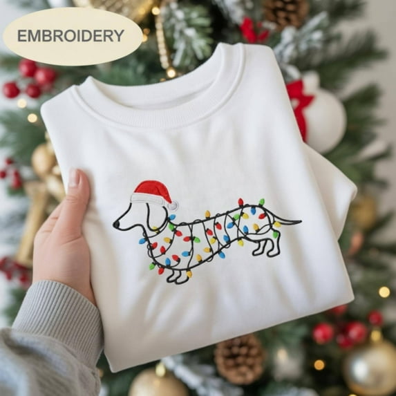 Christmas Dachshund Lights Embroidered Shirt, Funny Dachshund Xmas Tee ...